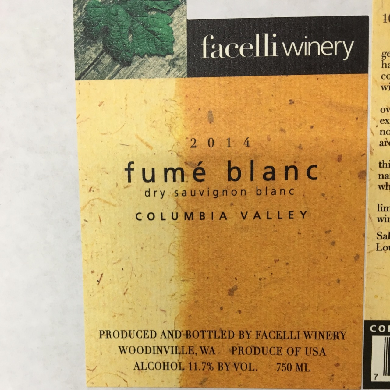 Facelli Winery Columbia Valley Dry Fumé Blanc Sauvignon Blanc